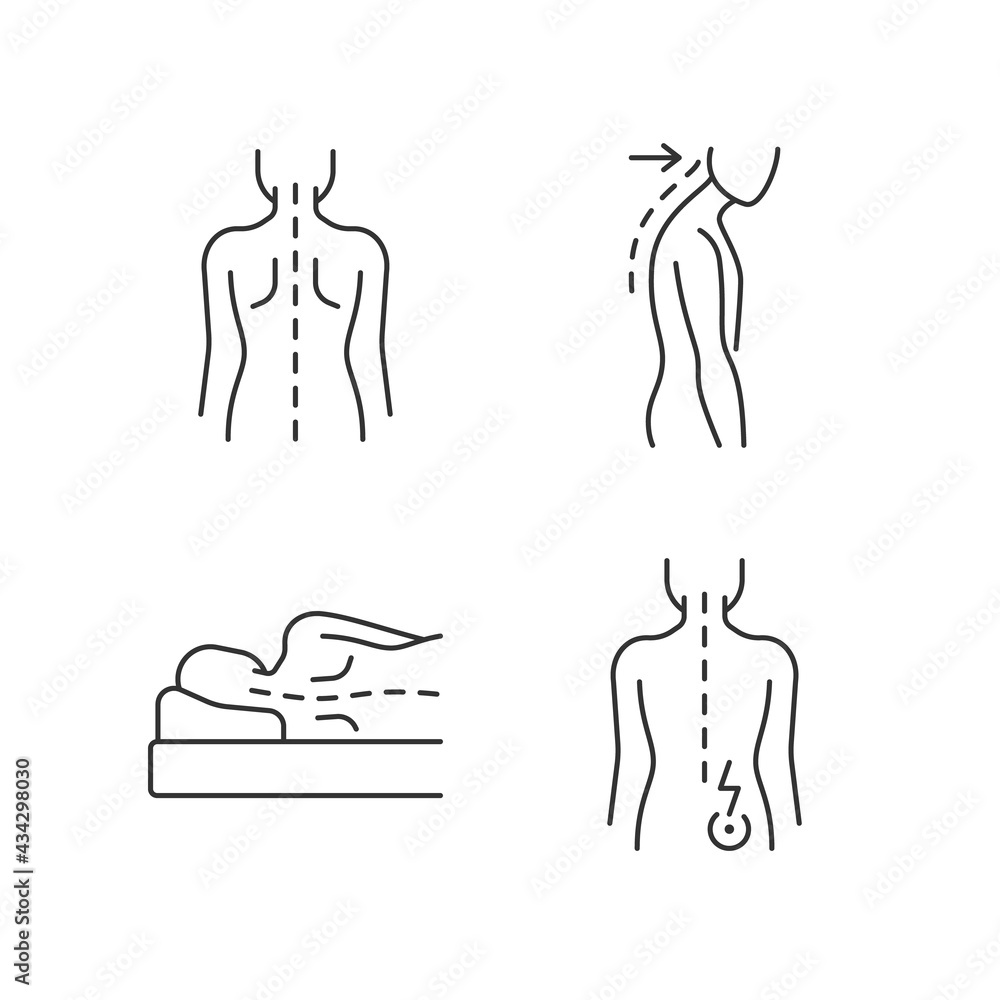 Poor posture problems linear icons set. Normal spine. Slouching. Side ...