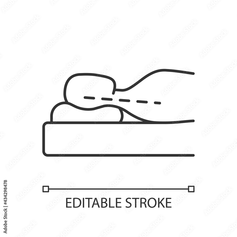 Correct sleeping position for reducing neck pain linear icon. Pillow ...
