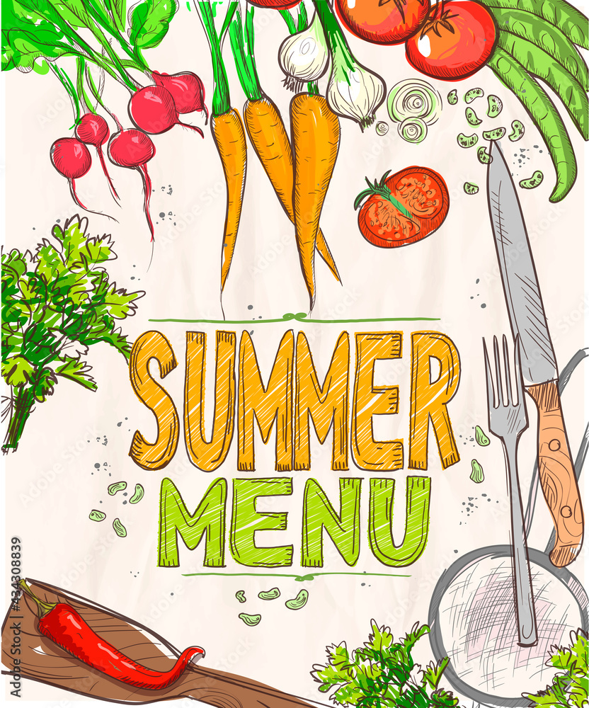 Summer menu poster vector template with raw vegetables Stock Vector ...