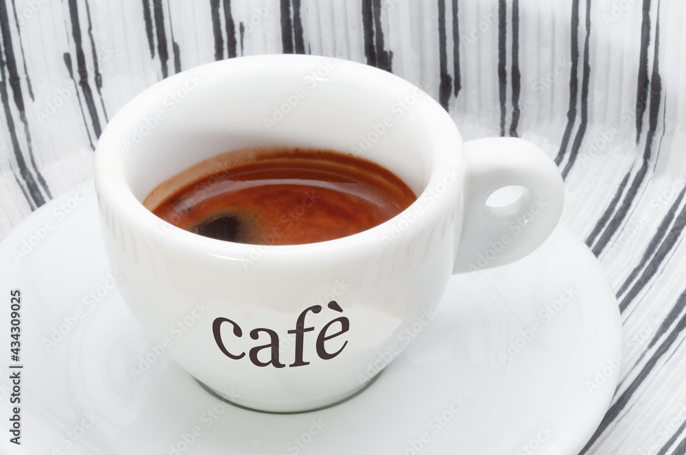 Cup of espresso coffee with Spanish and French languages logo Stock ...