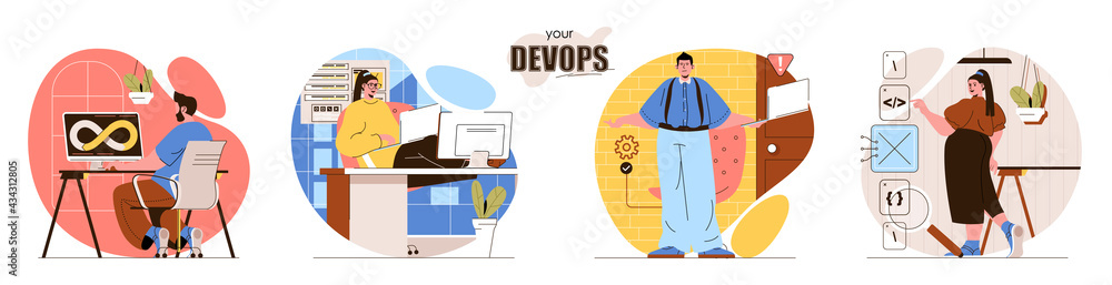 Your DevOps concept scenes set. Programmers working on software development, operations process ...