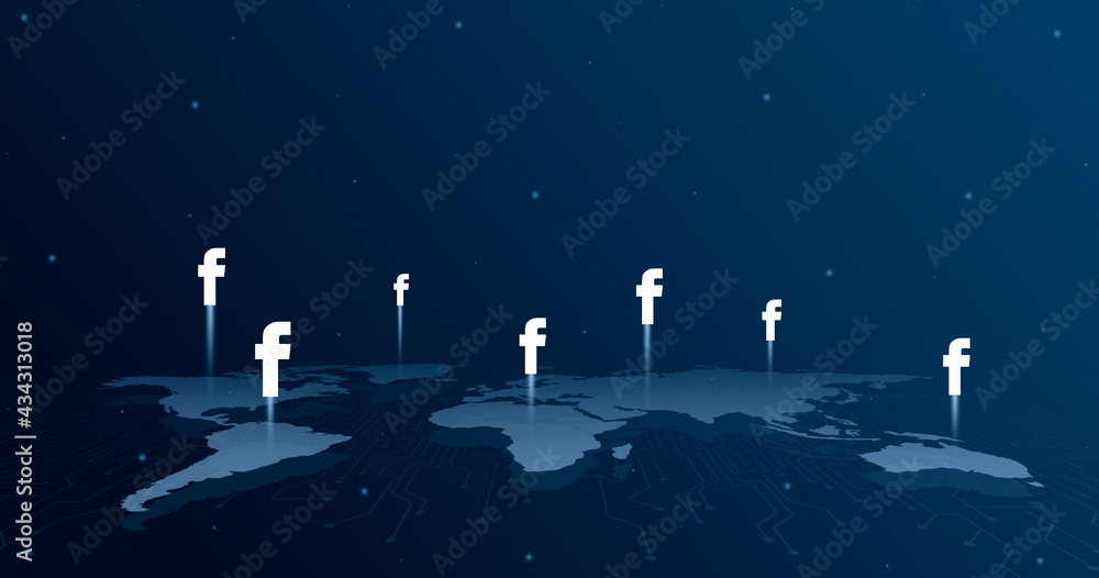 Facebook logo icons over all continents of the world map 3d Stock Photo ...