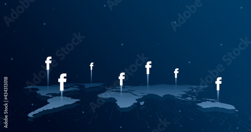 Facebook logo icons over all continents of the world map 3d Stock Photo ...