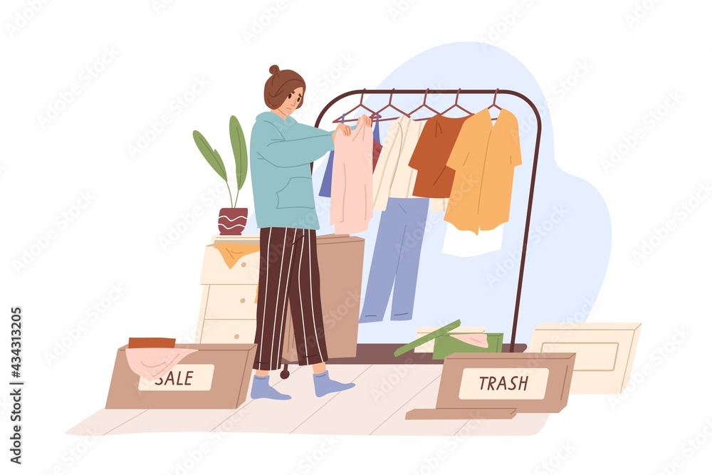 Woman decluttering and organizing wardrobe, putting clothes into Sale ...