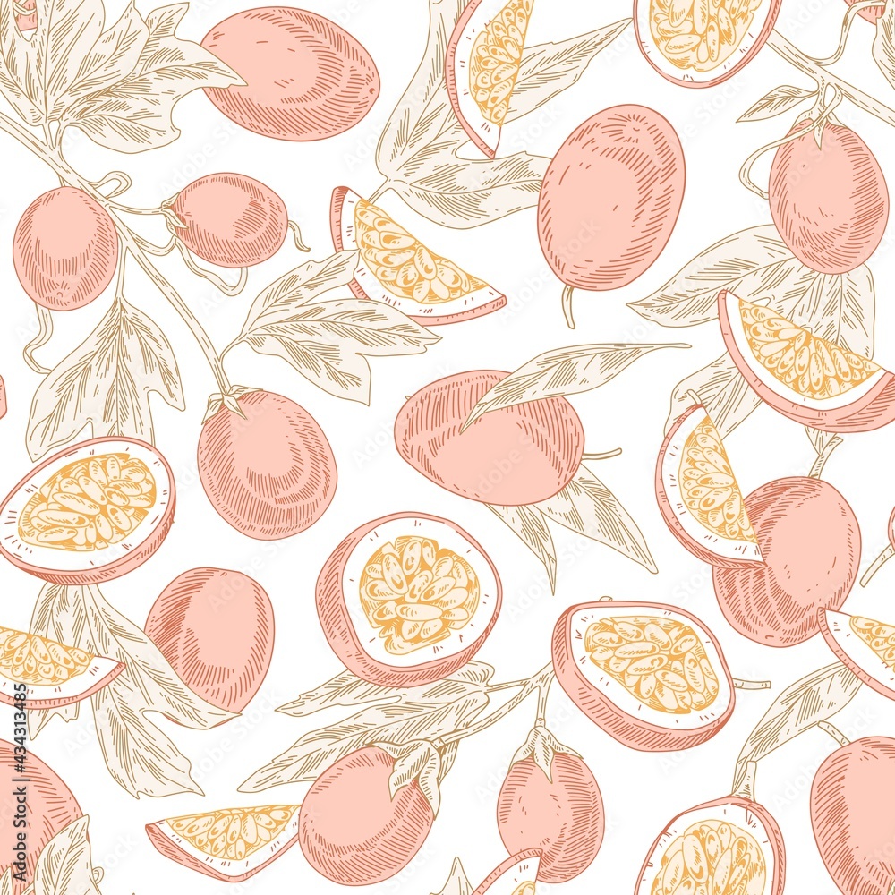 Seamless pastel pattern with passion fruits on white background ...