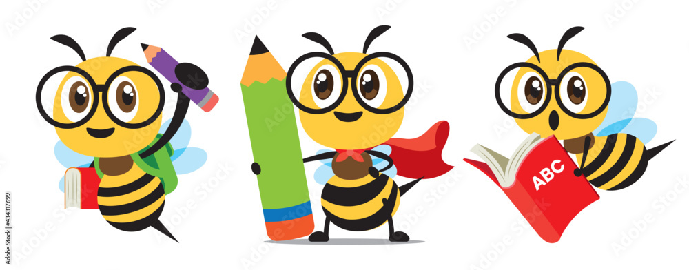 Cartoon cute bee education back to school set with holding a huge ...