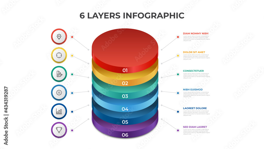 6 layers infographic element template vector, circle, vertical list ...