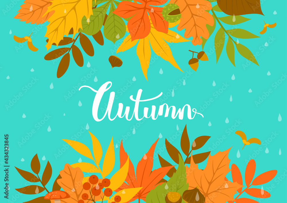 autumn fall park leaves header border background on blue texture with ...
