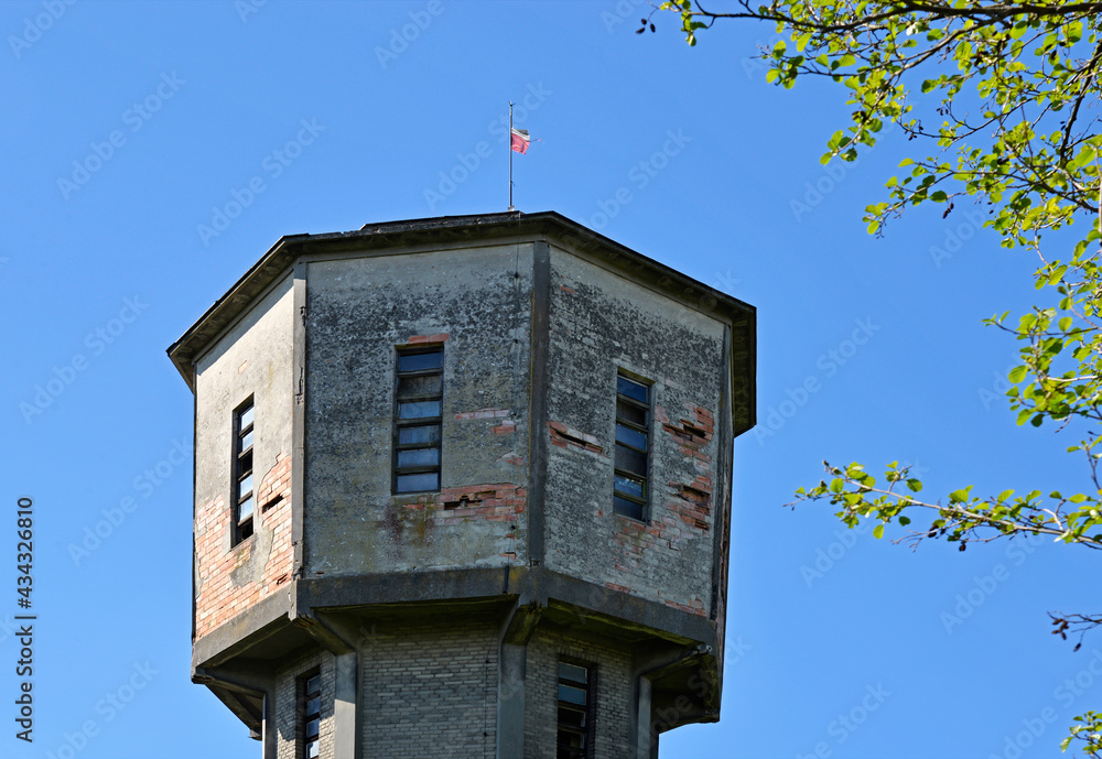 The railway water tower built after the Second World War in the town of ...