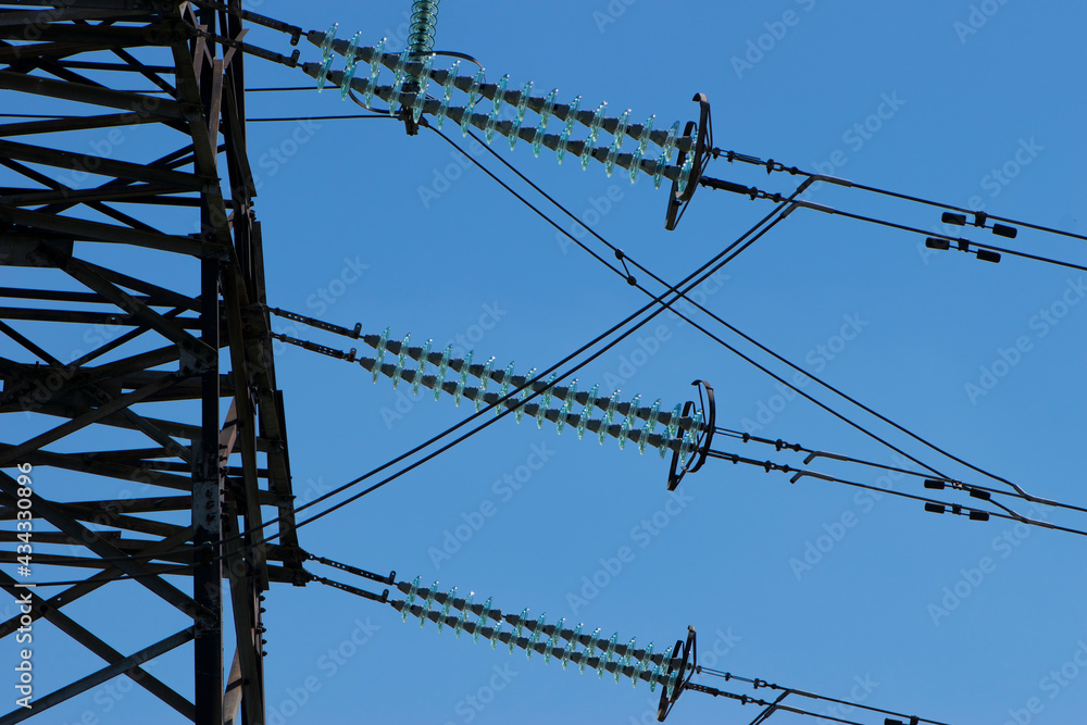 power line construction of cable supports and insulators. High voltage ...