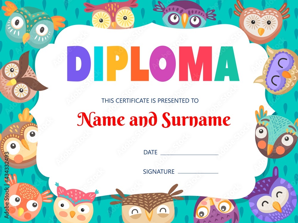 Kids diploma with funny owls and owlets vector template. Educational ...
