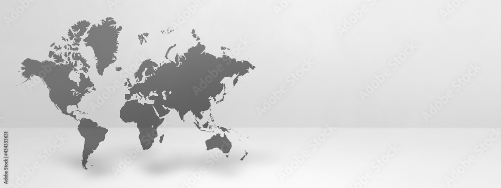 World map on white wall background. 3D illustration. Horizontal banner ...