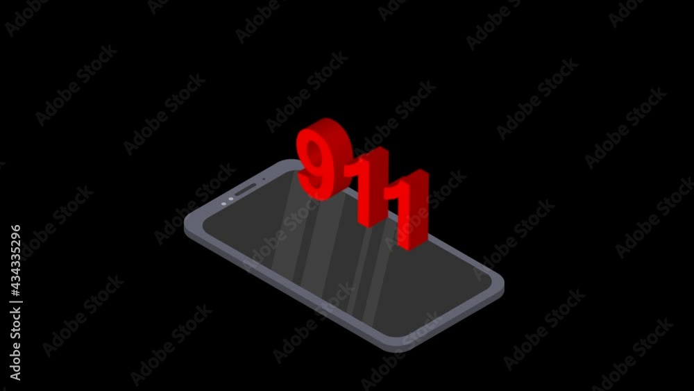 Isometric animation of the phone with the text 911.Call to the rescue ...