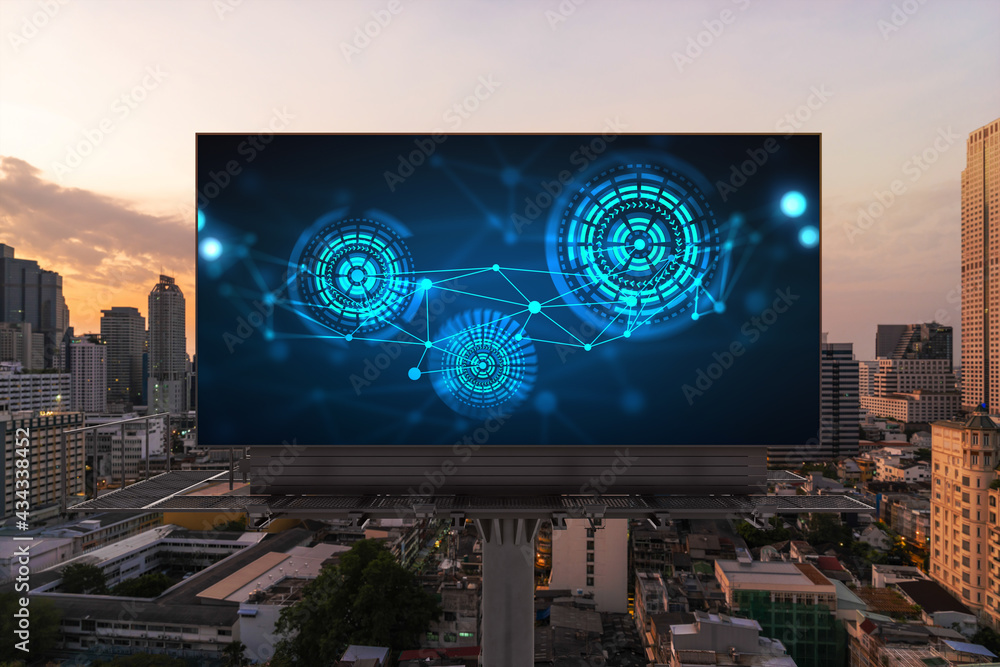 Glowing hologram of technological process on billboard, aerial ...