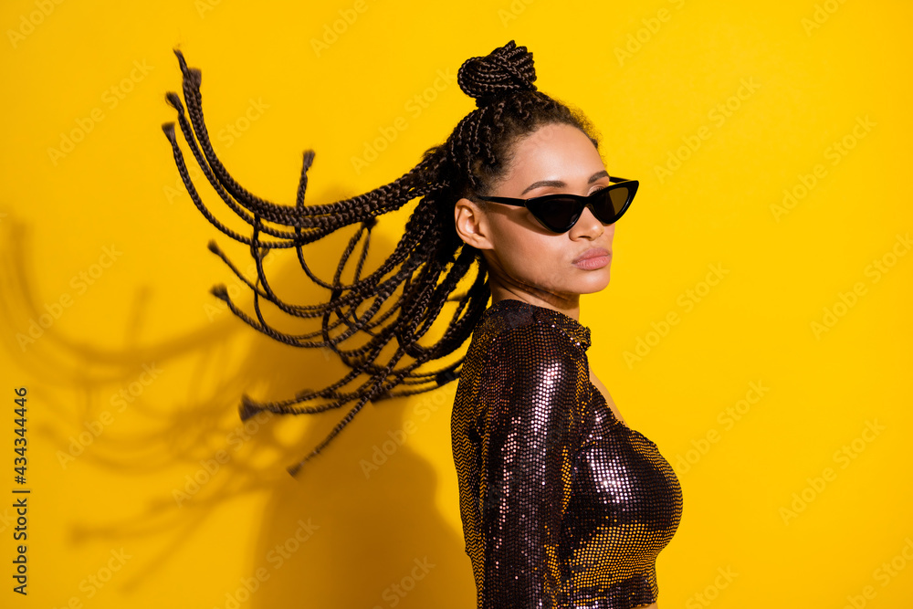 Profile photo of fancy serious lady hlook camera wear eyewear glossy ...