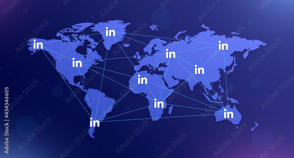 Linkedin icons on the world map on all continents interconnected on ...