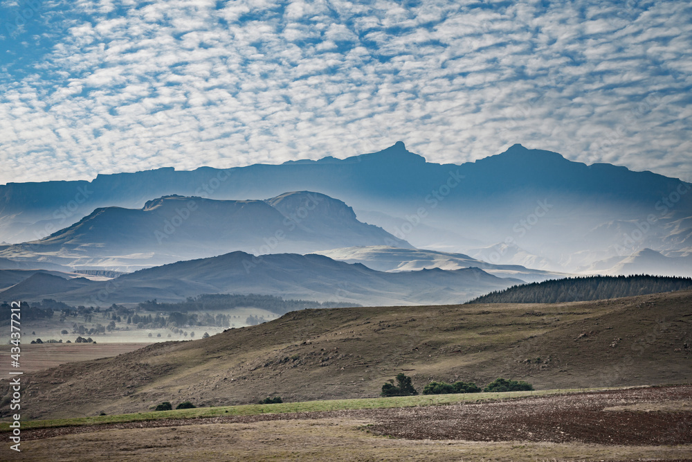 Drakensberg mountain range in South Africa with Sani Pass, border to ...