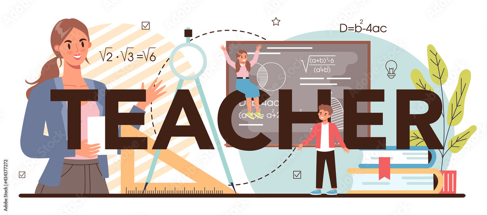Teacher typographic header. Professor giving a lesson in a classroom ...