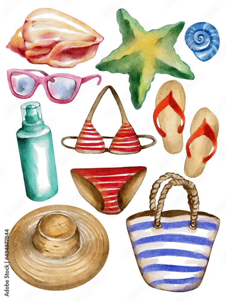 Hand drawing watercolor sea beach vacation. Isolated illustration on ...