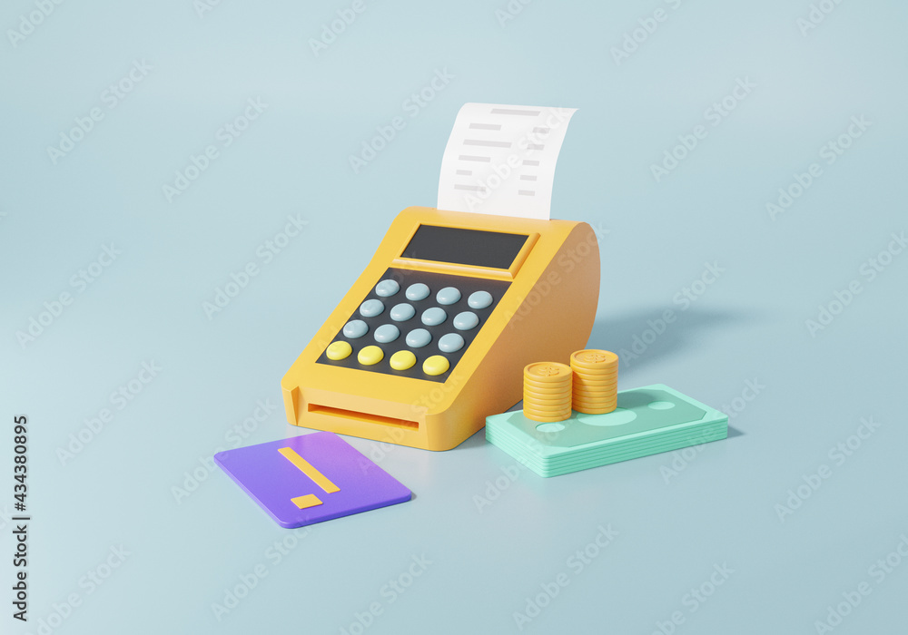 Card payment POS terminal and stacks cash. Money transactions online ...