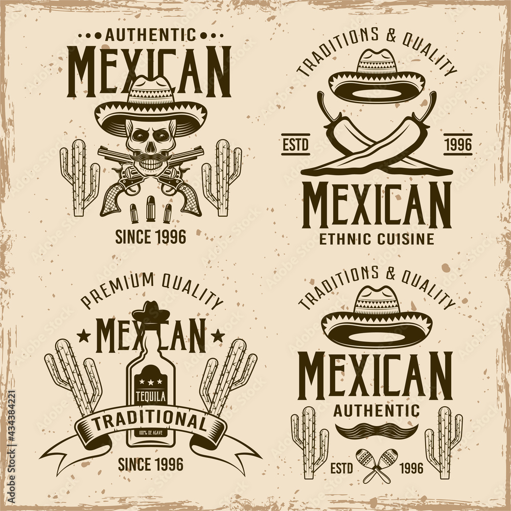 Mexican style set of four vector emblems, labels, badges or logos in ...