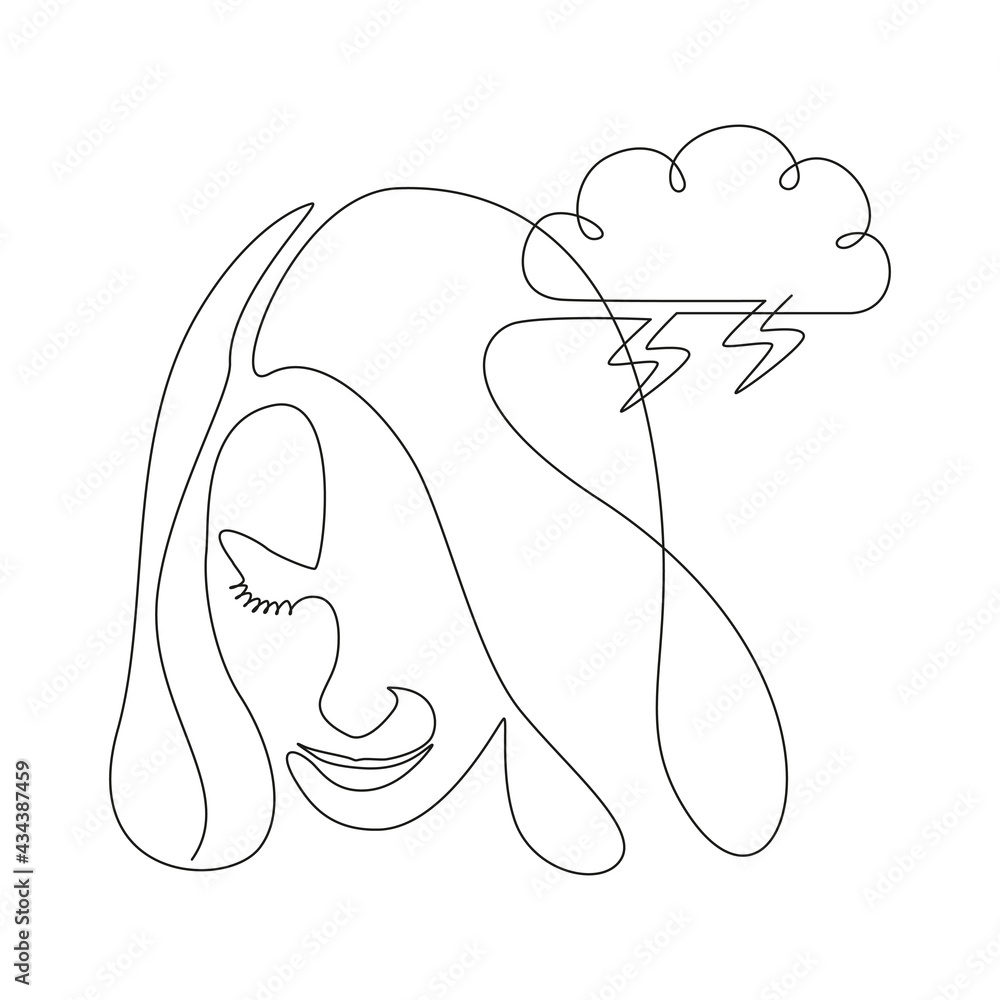 Continuous one line drawing of a woman face with storm cloud. Concept ...