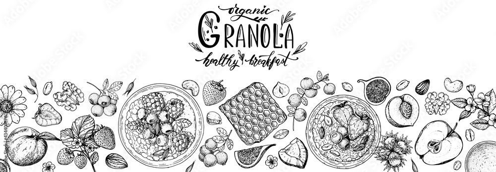 Granola ingredients illustration. Oat flakes , berries, fruits and nuts ...