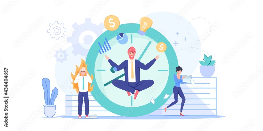 Vector cartoon flat office worker character flies in yoga pose.Happy ...