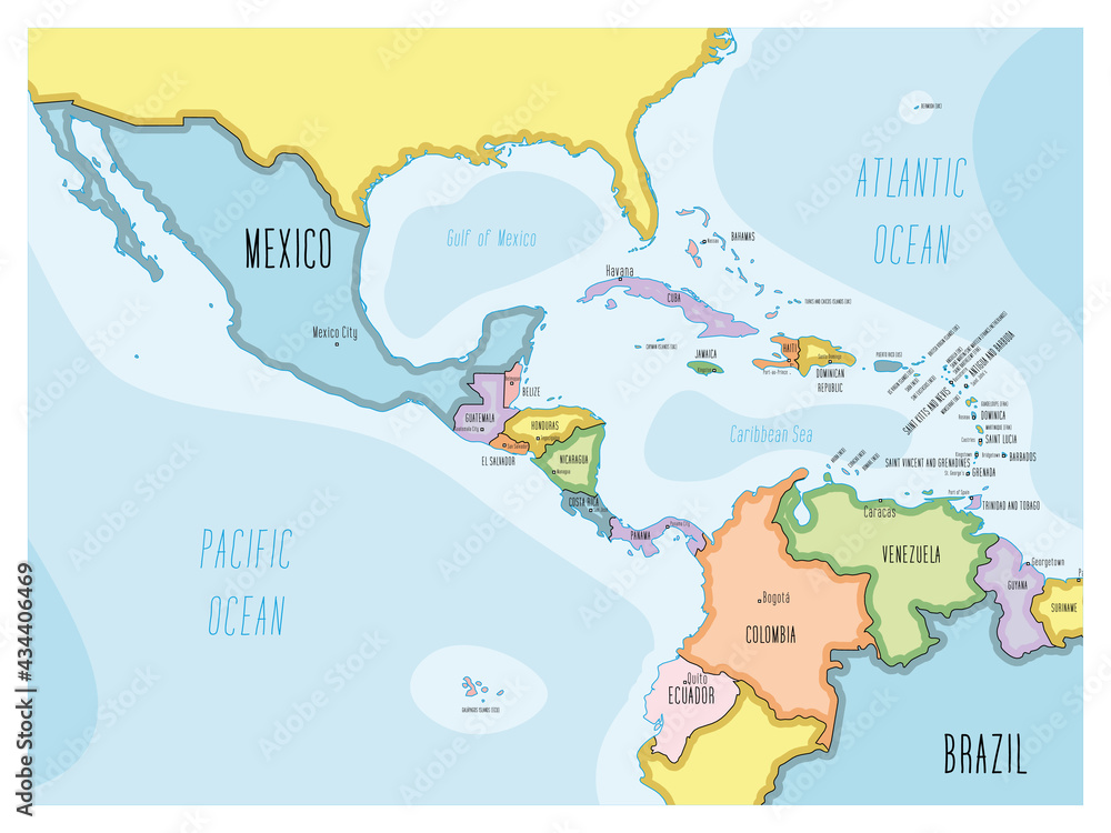 Political map of Central America and Caribbean. Colorful hand-drawn ...