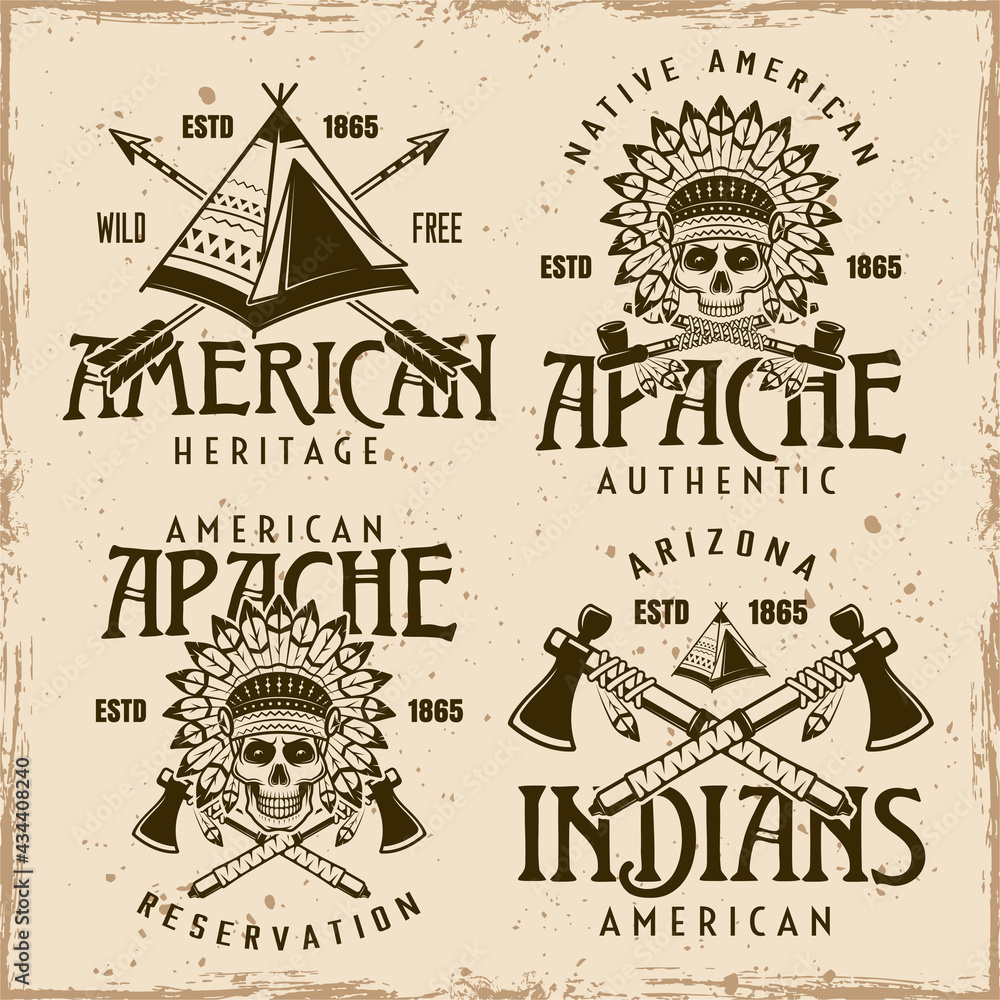 Native american indians set of four vector emblems, labels, badges or ...