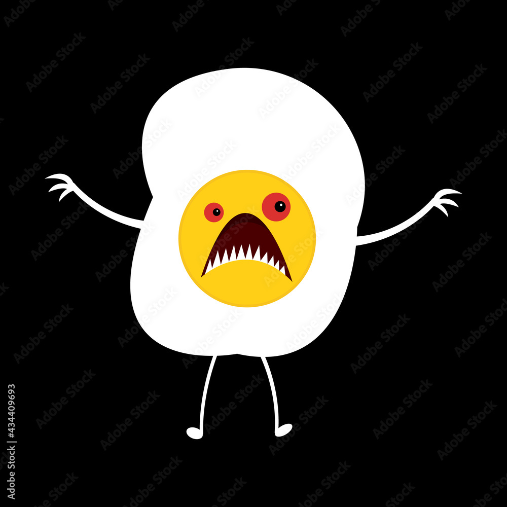 fried chicken egg monster funny cartoon character scares on black ...