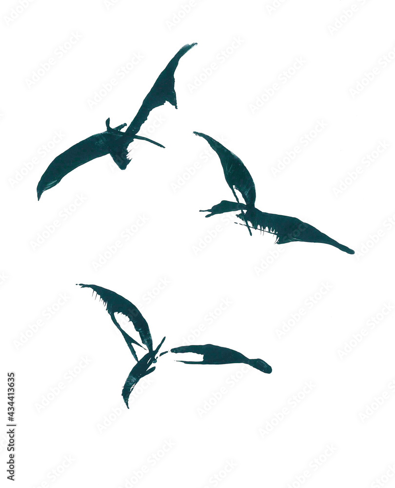 Intuitive ink drawing illustration. Stylized image of flying creatures ...