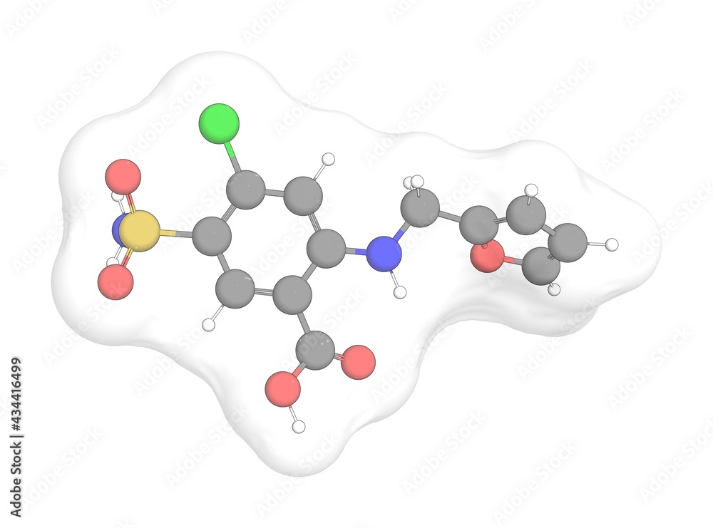 3D rendering of Furosemide with white transparent surface on a white ...