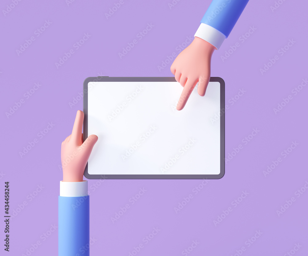 3D Cartoon hand holding tablet isolated on purple background, Hand ...