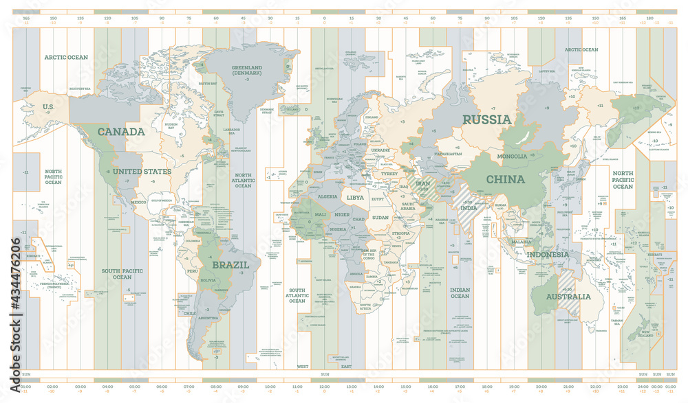 World Time Zones Map. Detailed World Map with Countries Names. Stock ...