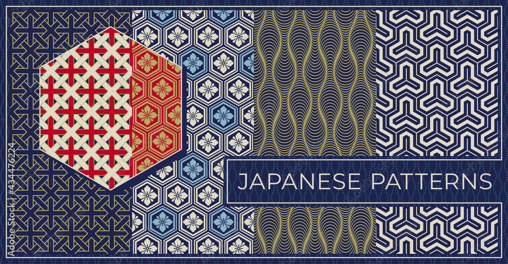 Set of seamless Japanese patterns in traditional style, vector ...