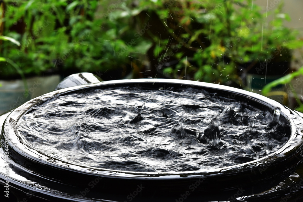 Rainwater harvesting. A collection tank full of rain water, overhead ...