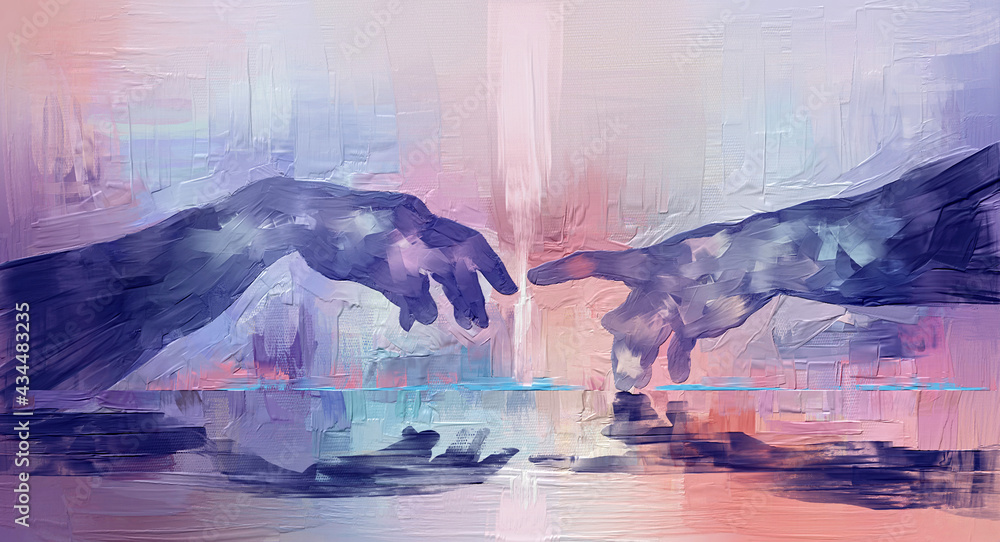 Fine art painting, surrealistic hand painted hands. Michelangelo's ...