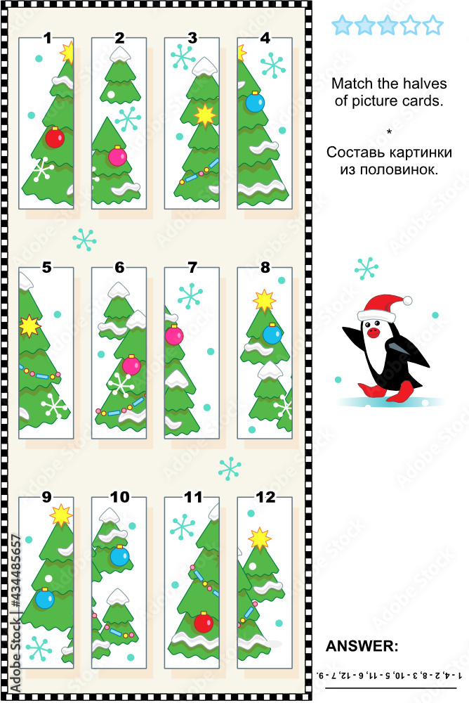 Visual puzzle: Match the halves of picture cards (christmas and fir ...