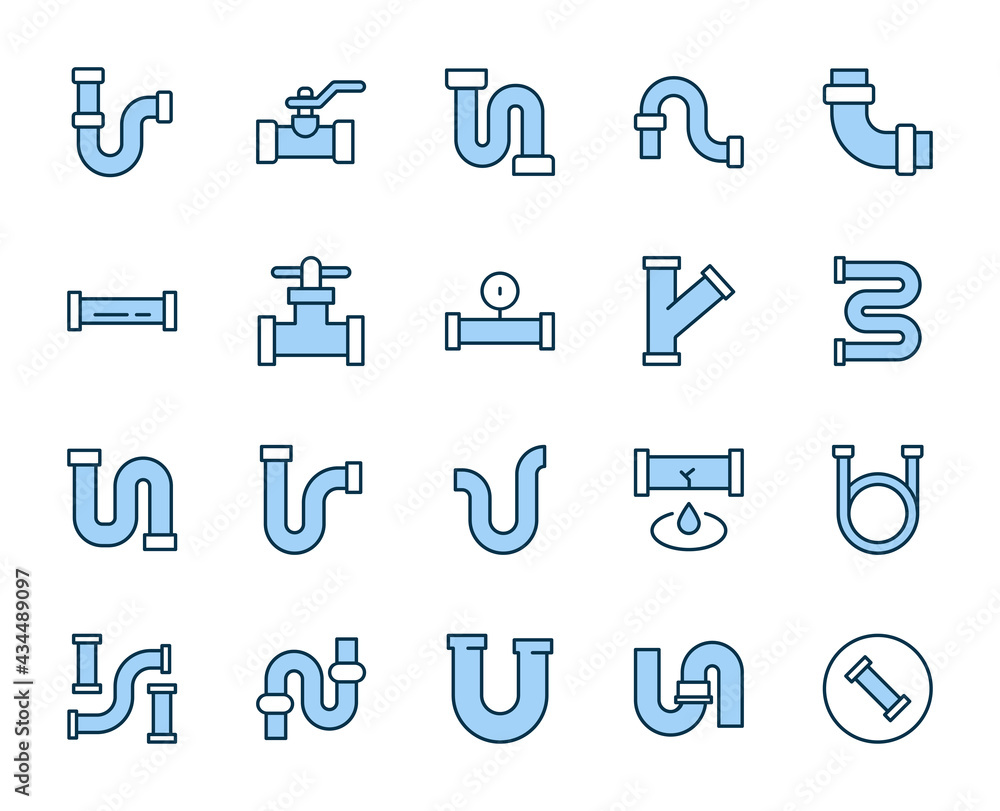 Plumbing set line icons in flat design with elements for web site ...