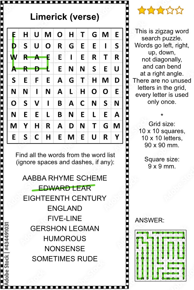 Limerick verses themed zigzag word search puzzle (suitable both for ...