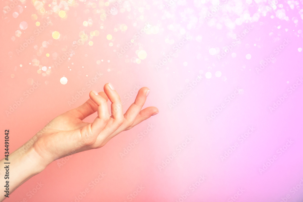 Beautiful female hand isolated on multicolored neon background with ...