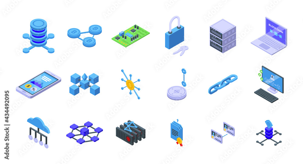 Block chain icons set. Isometric set of block chain vector icons for ...