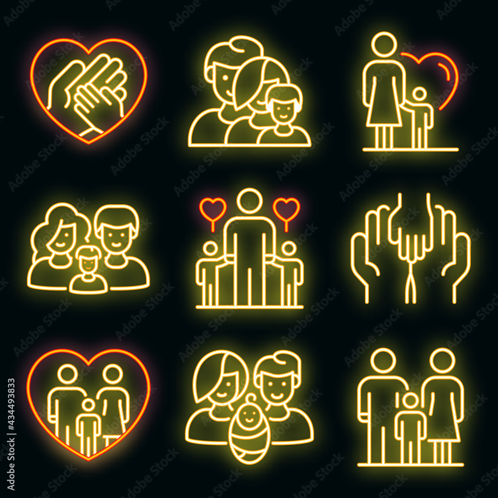 Foster family icons set. Outline set of foster family vector icons neon ...
