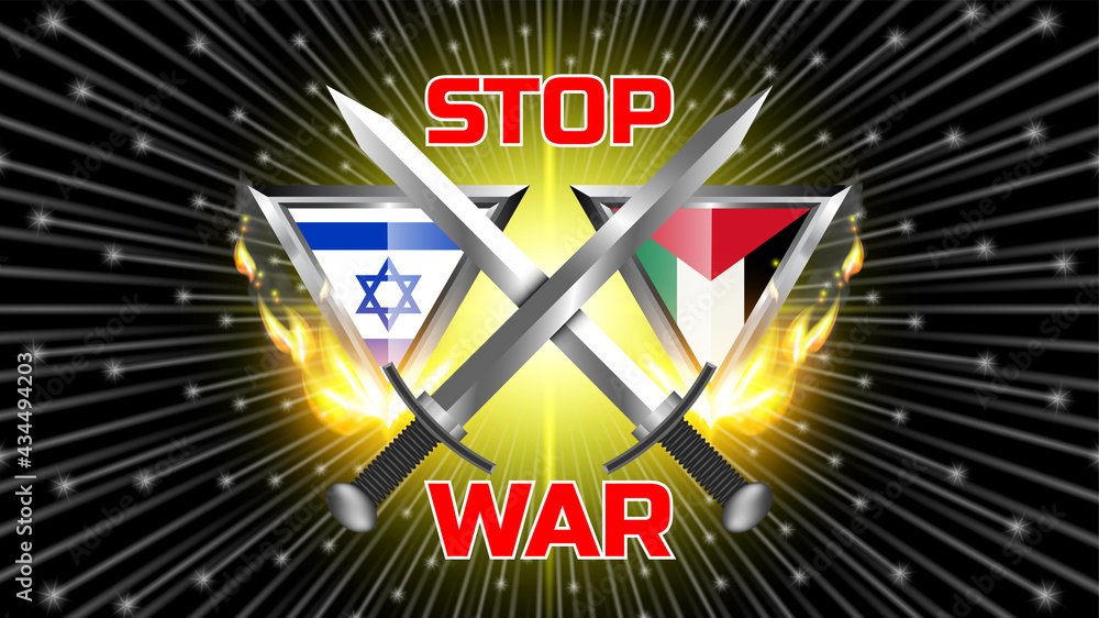 Stop the war between Israel and Palestine. Bright poster with crossed ...