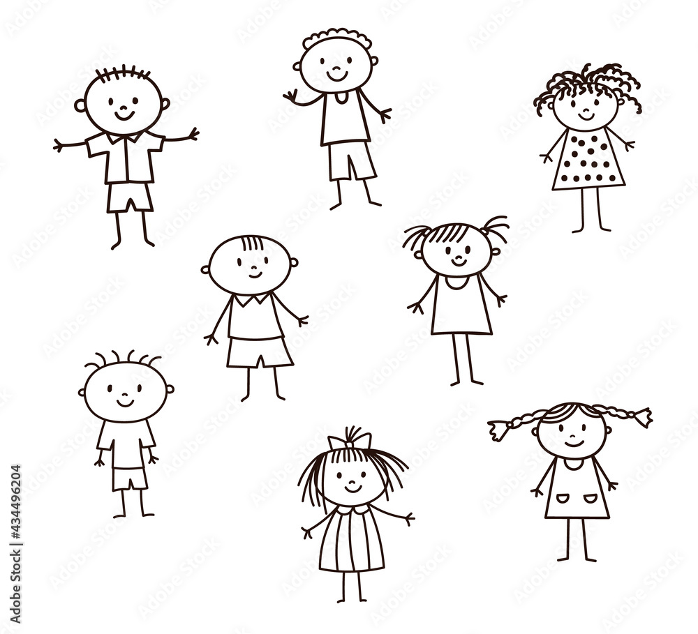 Cute stick boys and girls. Vector illustration in doodle style Stock ...