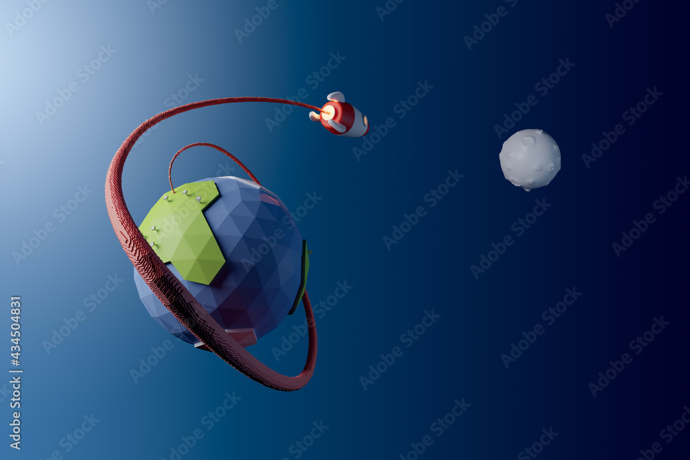 Cartoon 3D rocket launch from the earth towards the moon. Spaceship ...