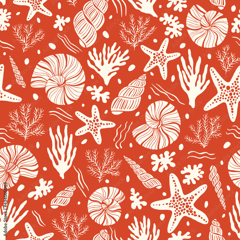 Hand-Drawn Sea Shells, Fossils, Starfish, Corals, Seaweeds, Waves ...