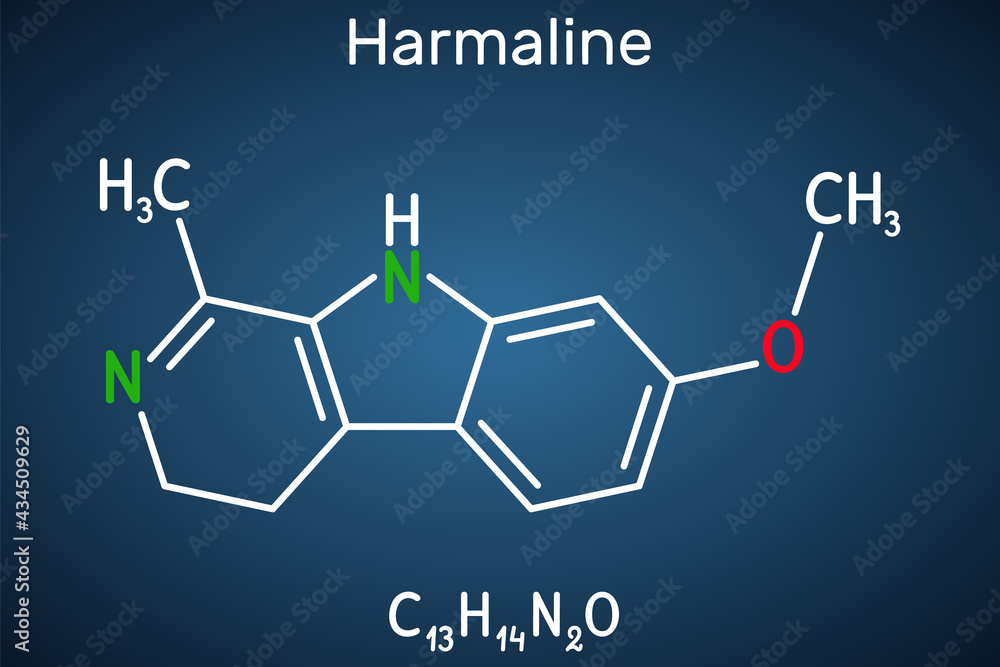 Harmaline molecule. It is fluorescent indole alkaloid. Structural ...