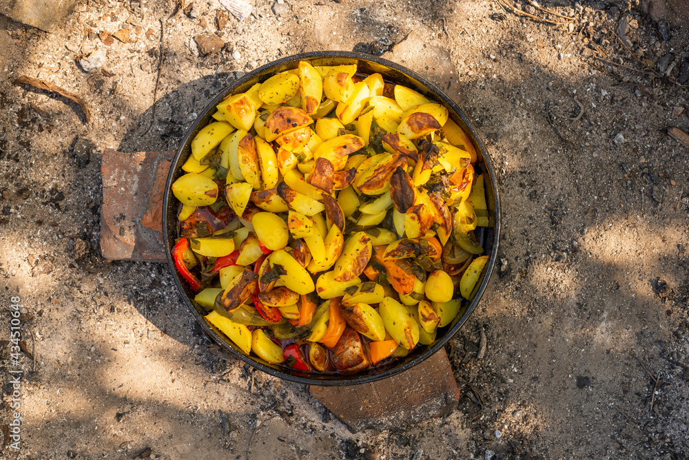 Cooking traditional dalmatian, croatian, bosnian dish called peka. Meat ...